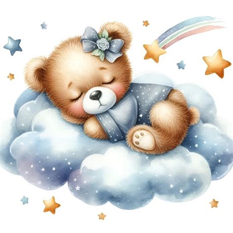 Cute Teddy Bear Sleeping On A Cloud With Stars Nursery Concept Isolated