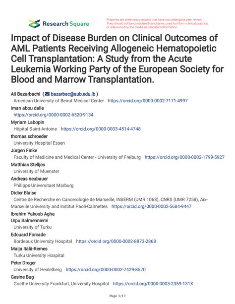 Pdf Impact Of Disease Burden On Clinical Outcomes Of Aml Patients