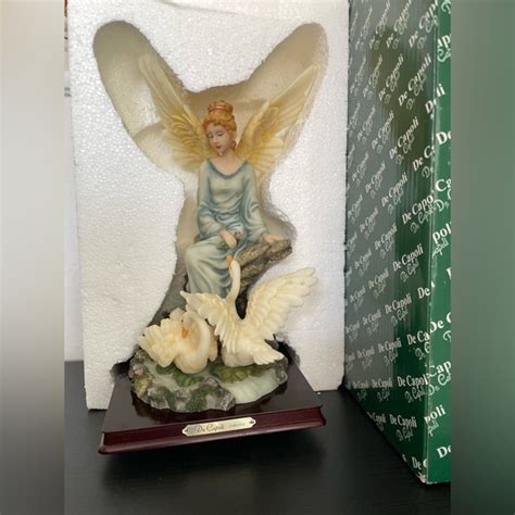 De Capoli Accents Vintage Large De Capoli Collection Angel In Blue Sitting By Pond Two White