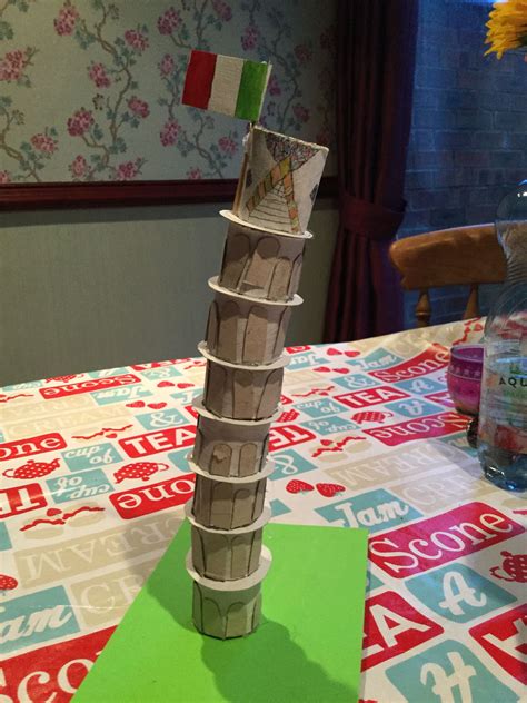 Leaning Tower Of Pisa Made Out Of Kitchen Roll And Cardboard Discs