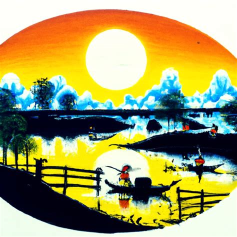 Vietnamese Folk Art Print Asian Art Tranquil Landscape Digital Print