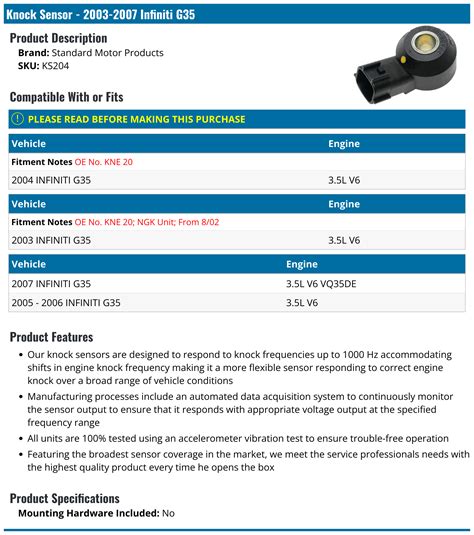2003 2007 Infiniti G35 Knock Sensor Standard Motor Products Ks204
