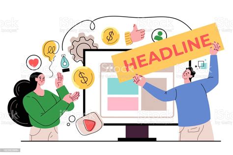 프리젠 테이션을 만드는 비즈니스 사람들 남자 여자 팀 캐릭터 저널리즘 소셜 미디어 헤드라인 추상적 개념 모던 스타일 플랫 만화 그래픽 일러스트레이션 개념에 대한 스톡 벡터