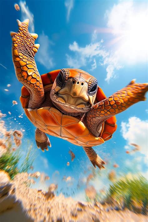 A Turtle Flying Through The Air With Its Head Above The Ground Stock Image Image Of Body