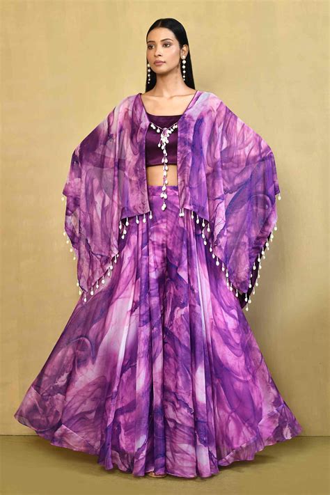 Buy Purple Soft Organza Printed Marble Round Shrug Palazzo Set For