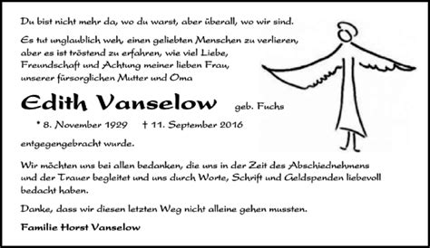 Traueranzeigen Von Edith Vanselow Trauer Anzeigende