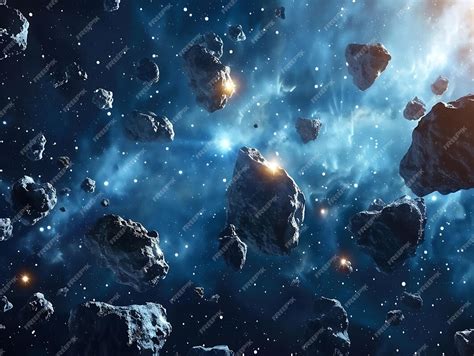 Luminescent Various Asteroid Rocks Flying In Space Field Premium Ai