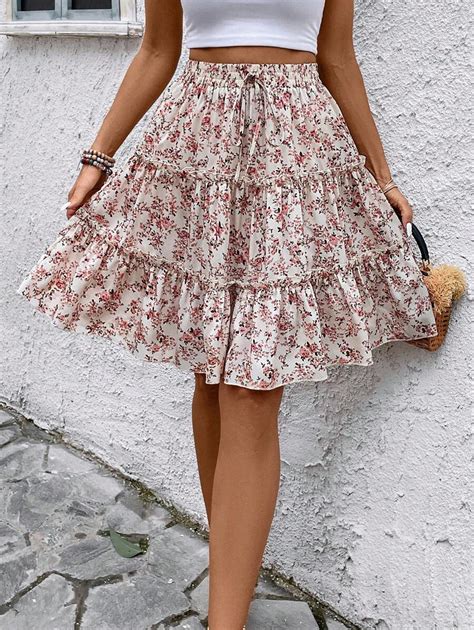 Shein Lune Womens Mini Skirt With Small Flower Print And Ruffle Hem