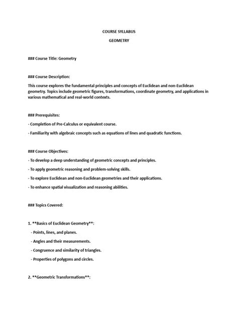 Course Syllabus Geometry Pdf Geometry Euclidean Space
