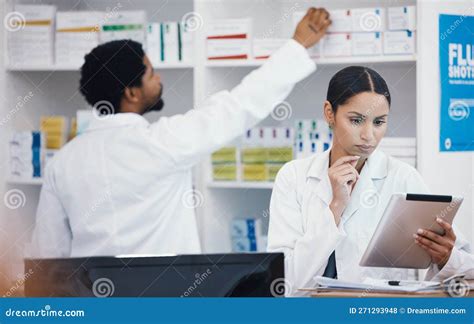 Thinking Pharmacist Woman And Tablet In Medicine Check Stock Take Or