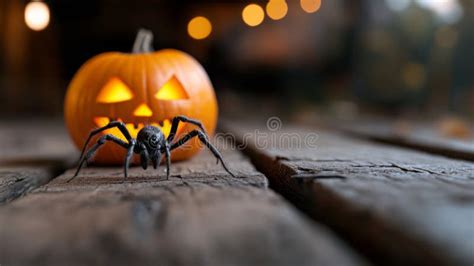 Spider In Front Of A Jack O Lantern In An Abandoned Attic Stock Image