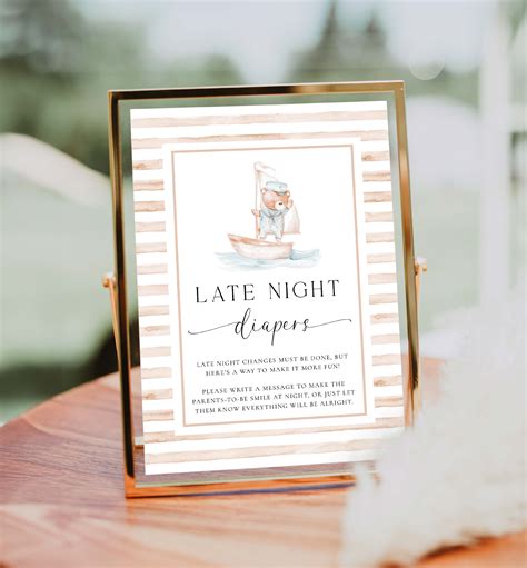 Sailor Bear Tan Printable Late Night Diapers Sign Template Black