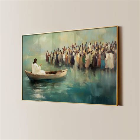 Jesus Teaching From Boat Art Print Aqua Pastel Christian Wall Art