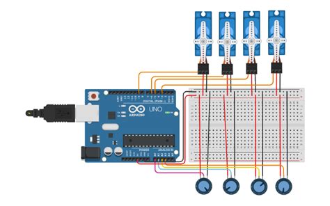 Circuit Design Control De Velocidad De 4 Servomotores Con 4 Potenciometros Tinkercad