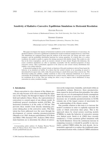Pdf Sensitivity Of Radiativeconvective Equilibrium Simulations To Horizontal Resolution