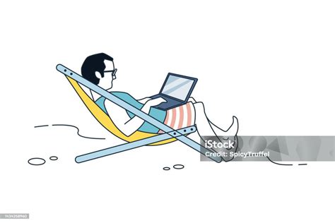 노트북으로 작업하십시오 갑판 의자에 누워있는 노트북을 가진 남자 휴가에서 일하는 남자 편안한 조건에서 프리랜서 남성 캐릭터 벡터 자영업자 남자 고립 된 일러스트 레이 션