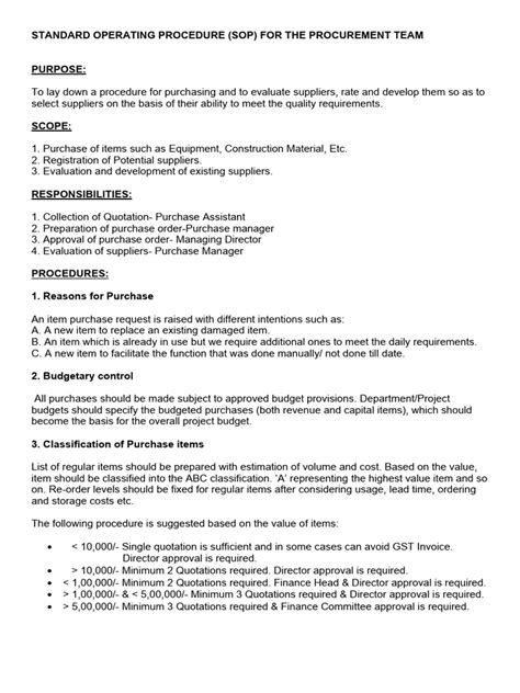 Sop For The Procurement Team Pdf Business Economies