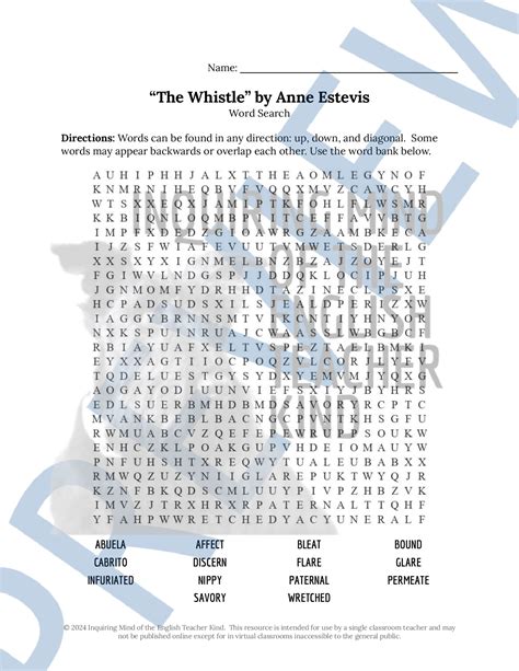 The Whistle By Anne Estevis Vocabulary Games Crossword Puzzle Word