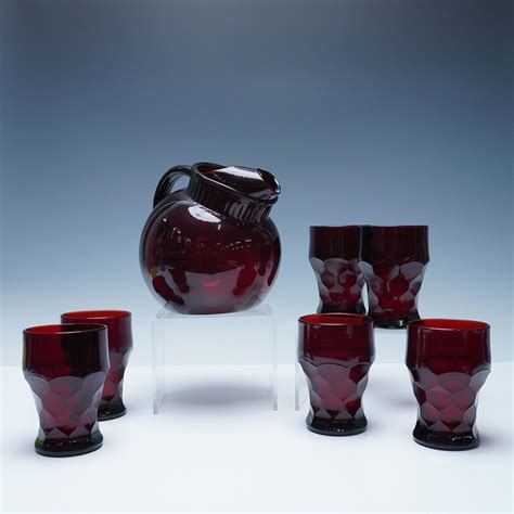 7pc Ruby Red Glass Pitcher And Tumblers Set