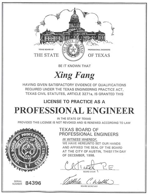 License Professional Engineer Certificate