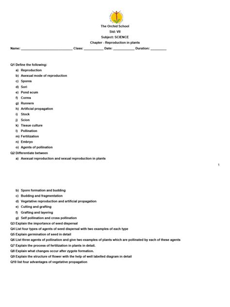 Reproduction In Plants Final Exam Revision Worksheet Pdf