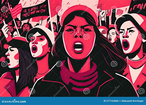 Crowd Of Protesting Feminist Women At Rally Demonstrating For Women