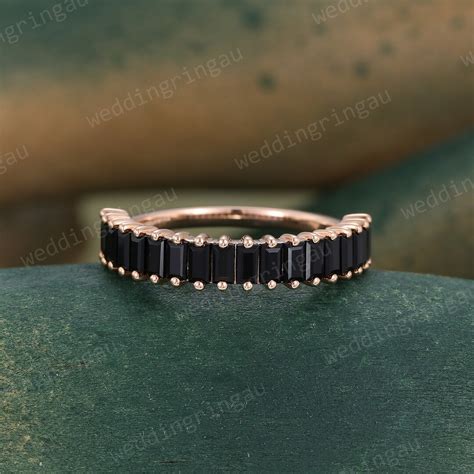 Baguette Cut Black Onyx Wedding Band Rose Gold Half Eternity Wedding
