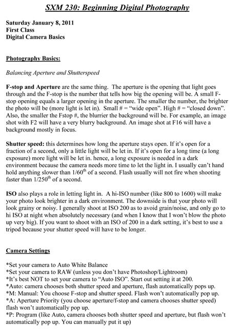 Beginning Digital Photography Handouts For Class 1