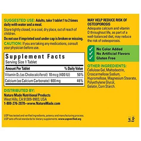 Nature Made Calcium 600mg With Vitamin D Value Size 120 Tablets Pack