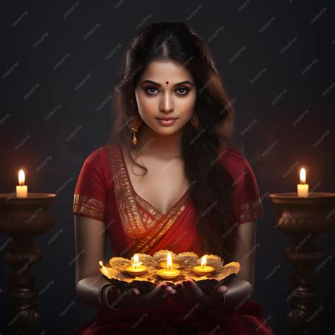 Premium Photo A Woman Holding Diya On Plate For Diwali Festival
