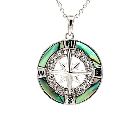 Abalone Shell Compass Necklace With White Crystals In Sterling Silver
