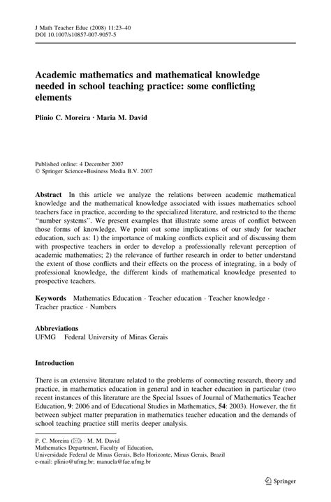 Pdf Academic Mathematics And Mathematical Knowledge Needed In School