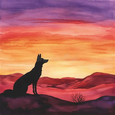 Watercolor Painting Of A Coyote Silhouette At Sunset Over Desert