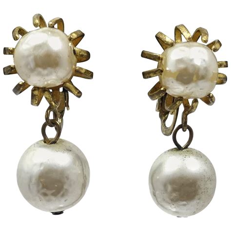 Vintage Signed Miriam Haskell Faux Pearl Drop Earrings For Sale At