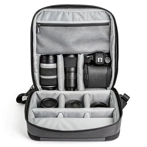 Open Camera Bag With Camera Lenses Camera And Lens Caps Inside