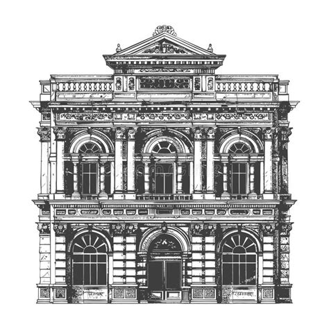 Elegant Classical Building Facade Architectural Sketch Black And White Stock Vector