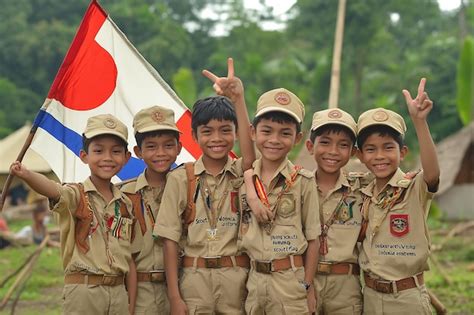 Scout Day Indonesia Young Scouts In Uniform Premium Ai Generated Image