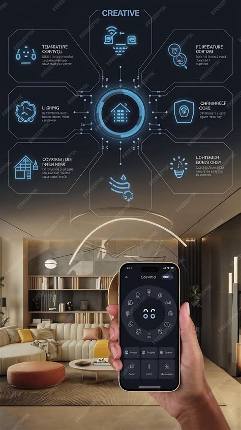 Creative Smart Home Device With Dark Theme Infographics Shown On