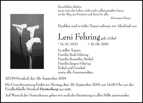 Traueranzeigen Von Leni Fehring Rz Trauer De