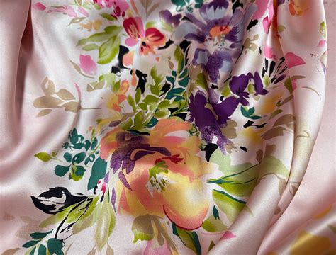 Floral Bouquet Print Silk Satin Fabric Pink Background 114cm Wide Etsy