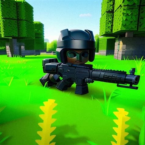 Roblox Gun Game Thumbnail With A Roblox R6 Character In A War Base Laying On Grass Behind A Bush