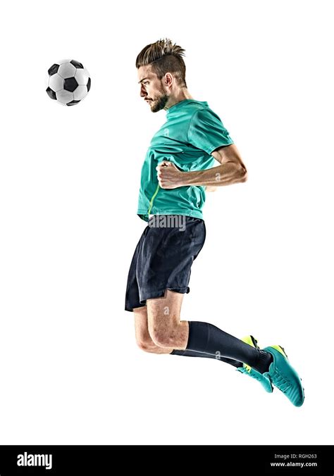 One Caucasian Soccer Player Man Heading Isolated On White Background