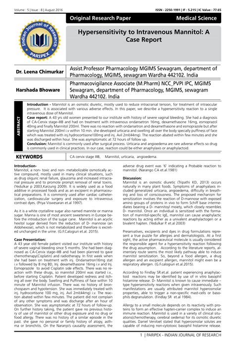 Pdf Hypersensitivity To Intravenous Mannitol A Case Report