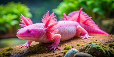 Vibrant Pink Axolotl Resting On Moist Rocks Ai Generated Content Stock