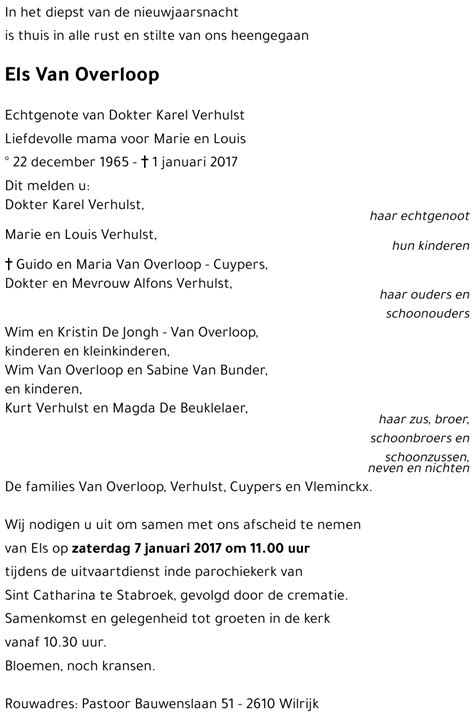 Avis De Décès De Els Van Overloop Décédé Le 01 01 2017 à Annonce Condoléances Fleurs Etc