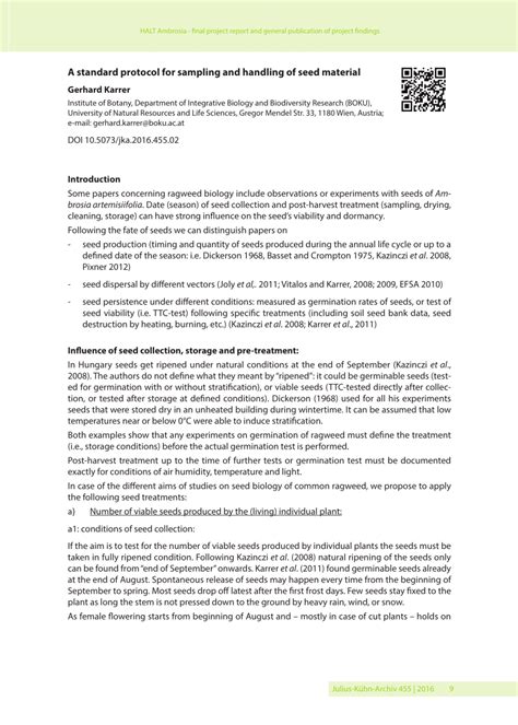Pdf A Standard Protocol For Sampling And Handling Of Seed Material