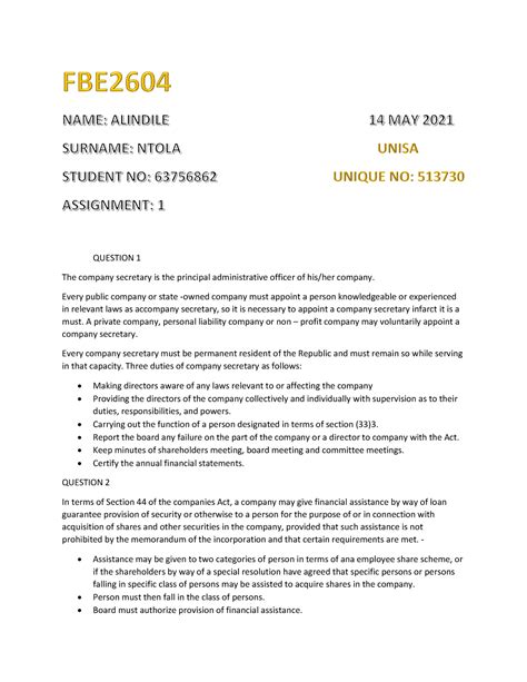 Fbe2604 Assgment 1 For 2021 To 2022 Question 1 The Company Secretary