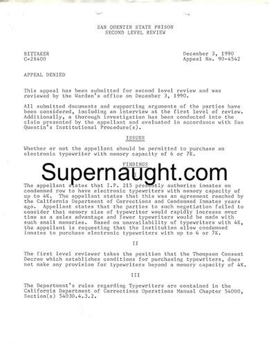 Lawrence Bittaker Typewriter Appeal Signed By Warden Supernaught
