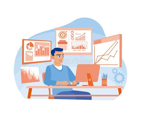 Man Working At The Computer Studying Infographic Data On A Computer
