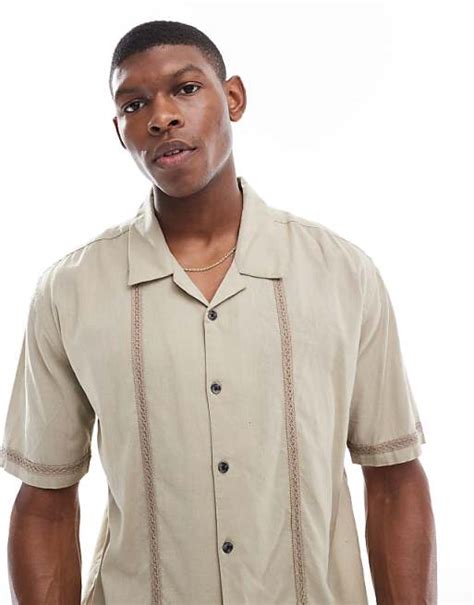 Threadbare Border Detail Short Sleeve Cotton Shirt With Linen In Stone